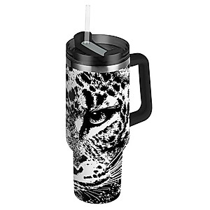 Flradish 30oz Tumbler with Handle, White Black Leopard Portrait Stainless Steel Tumbler with Lid and Straws Double Wall Vacuum Insulated Leakproof Coffee Travel Mug