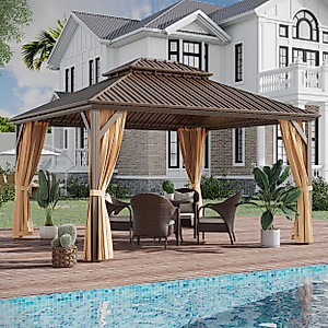 LATTOY 12'x14' Permanent Hardtop Gazebo, Outdoor Galvanized Steel Double Roof Pavilion Pergola Canopy with Aluminum Frame and Privacy Curtains for Garden Patio,Patio Backyard,Deck and Lawns