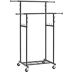 Gewudraw Double Rod Garment Rack, Heavy Duty Clothes Rack, Metal Rolling Garment Rack with Wheels, Shelves and Hooks, Clothing Garment Rack Closet Organizer Freestanding Hanger for Hanging Clothes