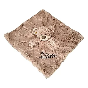SONA G DESIGNS Custom Personalized Teddy Bear Lovie Lovey Security Blanket with Rattle (Brown Bear with Embroidery Name)