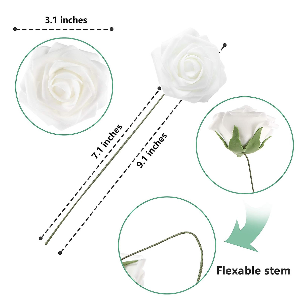 EZFLOWERY Artificial Roses Flowers 25pcs Real Looking Fake Roses w/Stem for DIY Wedding Bouquets Centerpieces Arrangements Bridal Shower Party Home Decorations (White)