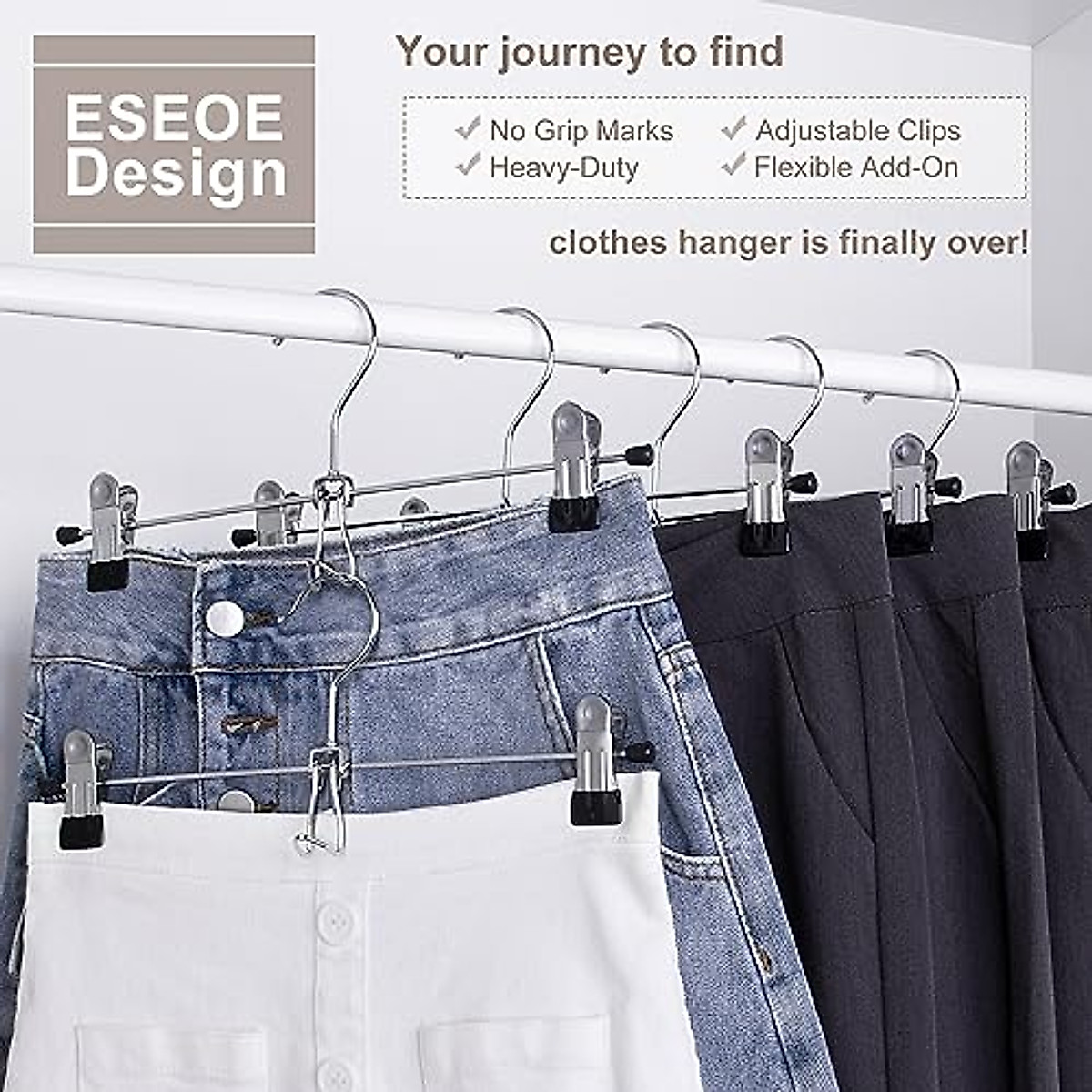 Add-On Metal Pants Hangers with Clips,ESEOE Skirt Hangers Space Saving with Cascading Hook,Adjustable Non-Slip Clip Hangers for Pants, Jean, Shorts, Heavy Duty Skirt Hangers for Women,10 Pack