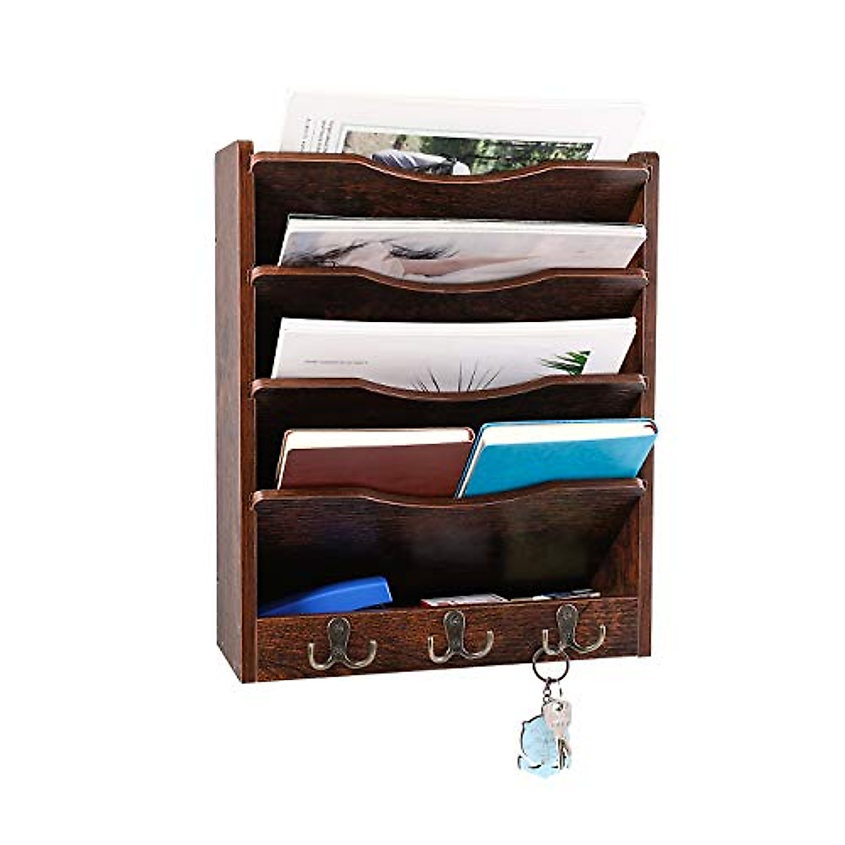 PAG 5-Tier Wall File Holder Hanging Mail Organizer Wood Magazine Literature Rack with 6 Hooks, Brown