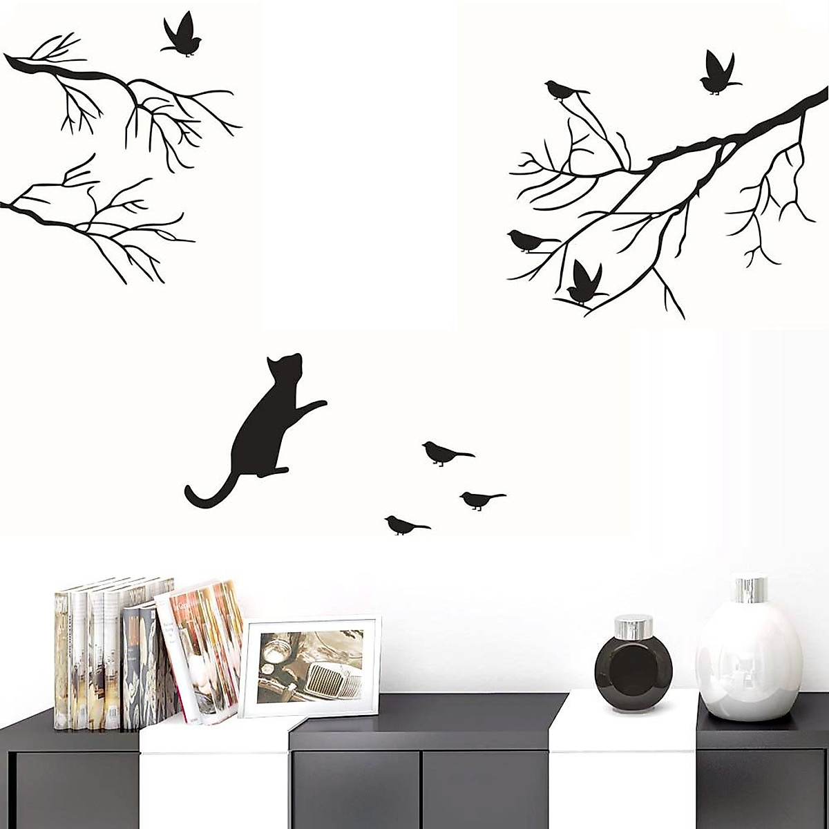 BIBITIME Vinyl Black Cat Staring at Birds on Tree Branch Wall Decal for Living Room Glass Door Window Nursery Bedroom Children Kids Baby Rooms Decor Home Art Murals