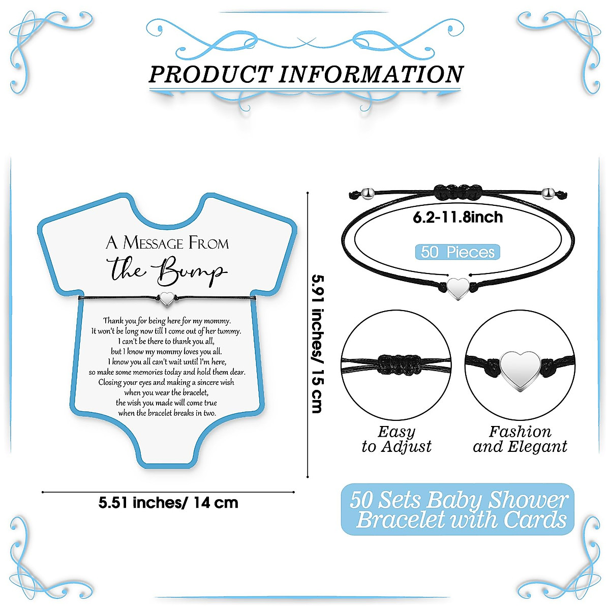 Chuangdi 50 Sets Baby Shower Favors for Guests Cute Heart Bracelets Wish Card Bracelets for Reveal Party Gifts(Blue, Simple Style)