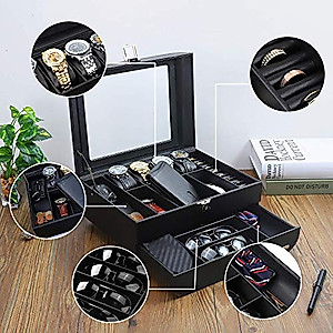 Homde Fathers Day Gifts - Watch Box Arc Display Case Carbon Fiber Jewelry Organizer Luxury Sunglasses Holder with Drawer, Glass Top and Lock for Men Women