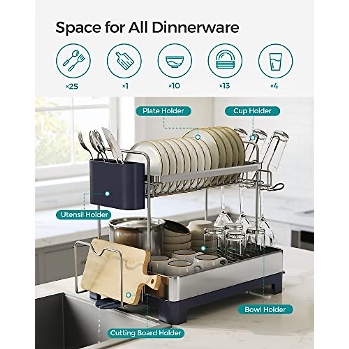 SONGMICS Dish Drying Rack - 2 Tier Dish Rack for Kitchen Counter with Rotatable and Extendable Drain Spout, Dish Drainer with Utensil, Cup, Glass, Cutting Board Holders, Gray UKCS032E01