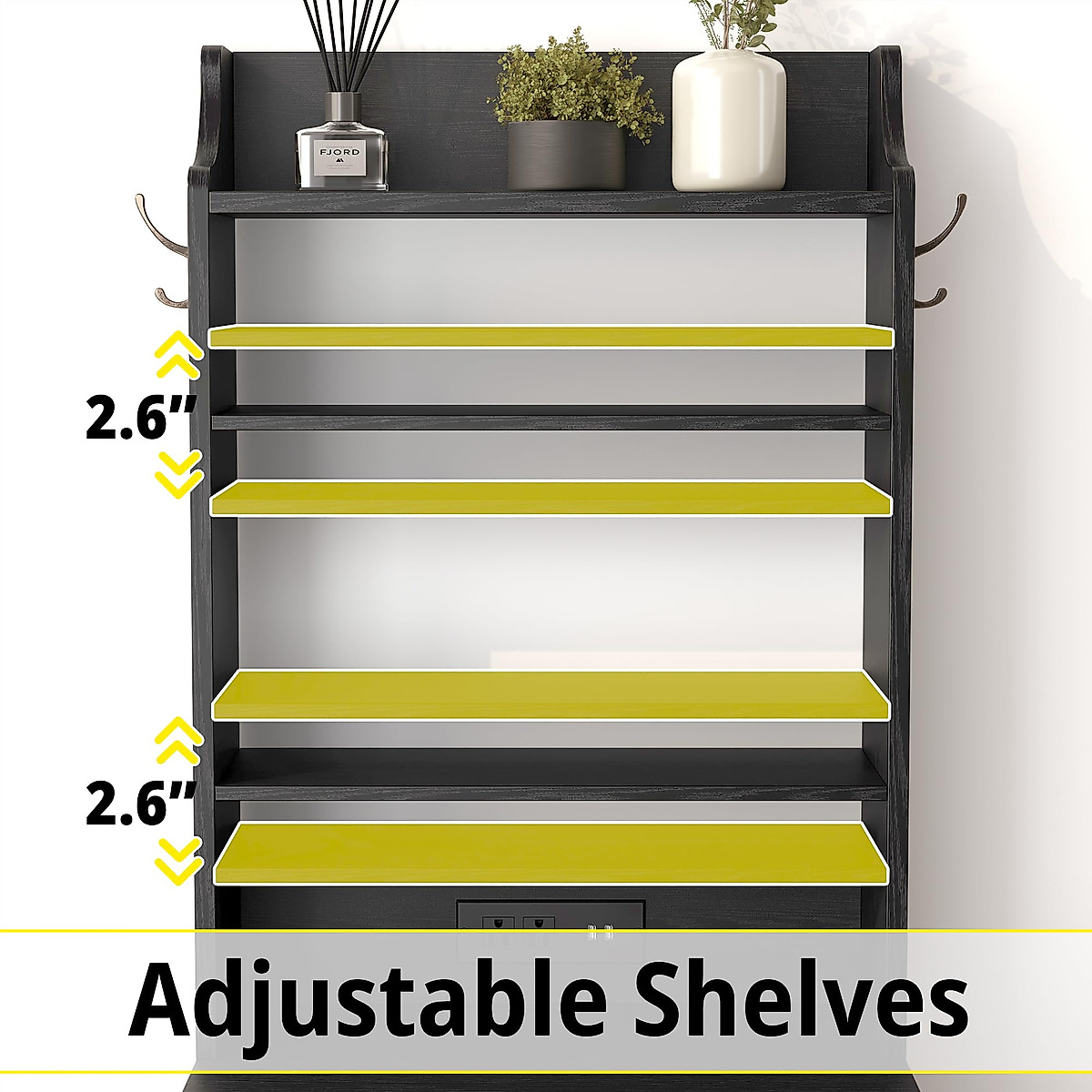 LIKIMIO Nightstand, 55" Tall End Side Table with Charging Station and Storage Cabinet, Small Bookshelf, for Living Room Office Bedroom, Vintage Black