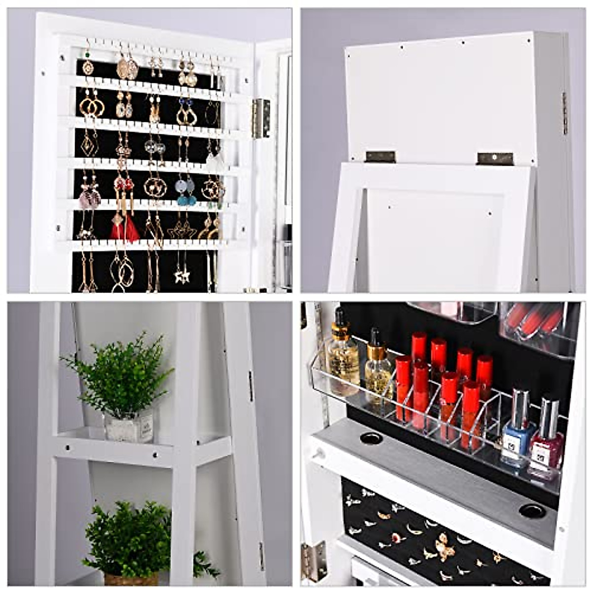 HNEBC LED Light Jewelry Storage Organizer, Armoire with Door Mirror 360° Rotating, Full Length Cabinet, ,Large Jewelry Boxes & Organizers（A White）