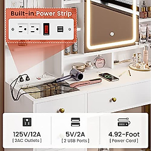 AOGLLATI Makeup Vanity with Lights in 3 Colors, White Vanity Desk with Mirror and Lights, Vanity Table with Charging Station, Makeup Desk with Visible Drawers, Hidden and Open Storage Shelves