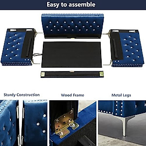 Fulocseny 2 Piece Modern Velvet Upholstered Living Room Sofa Set with 3-Seater Sofa and Loveseat, Jeweled Button Tufted Copper Nails Square Arms, 4 Pillows Included,5 Seater (Blue + Velvet)