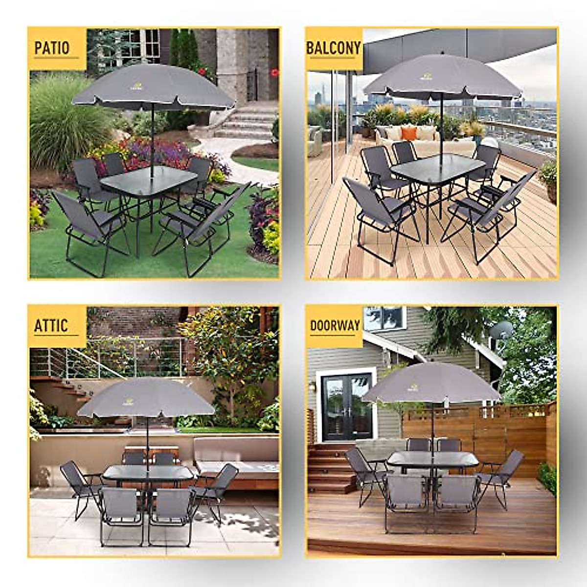 Nice C Outdoor Dining Sets, Patio Furniture Set, 8 Piece Patio Set with Umbrella, Garden Outdoor Furniture Table Set with Tilted Removable Umbrella, Glass Table, and 6 Folding Chairs