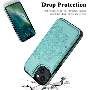 MMHUO for iPhone 14 Case with Card Holder, Flower Magnetic Back Flip Case for iPhone 14 Wallet Case for Women, Protective Case Phone Case for iPhone 14,Mint