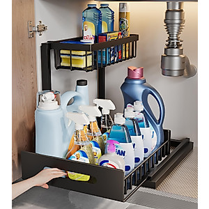 Solidhouse Under Sink Organizer, 2-Tier Under Kitchen Bathroom Sink Organizer and Storage, No Drilling Rustproof Stainless Steel Pull Out Shelf for Kitchen Bathroom (Black)