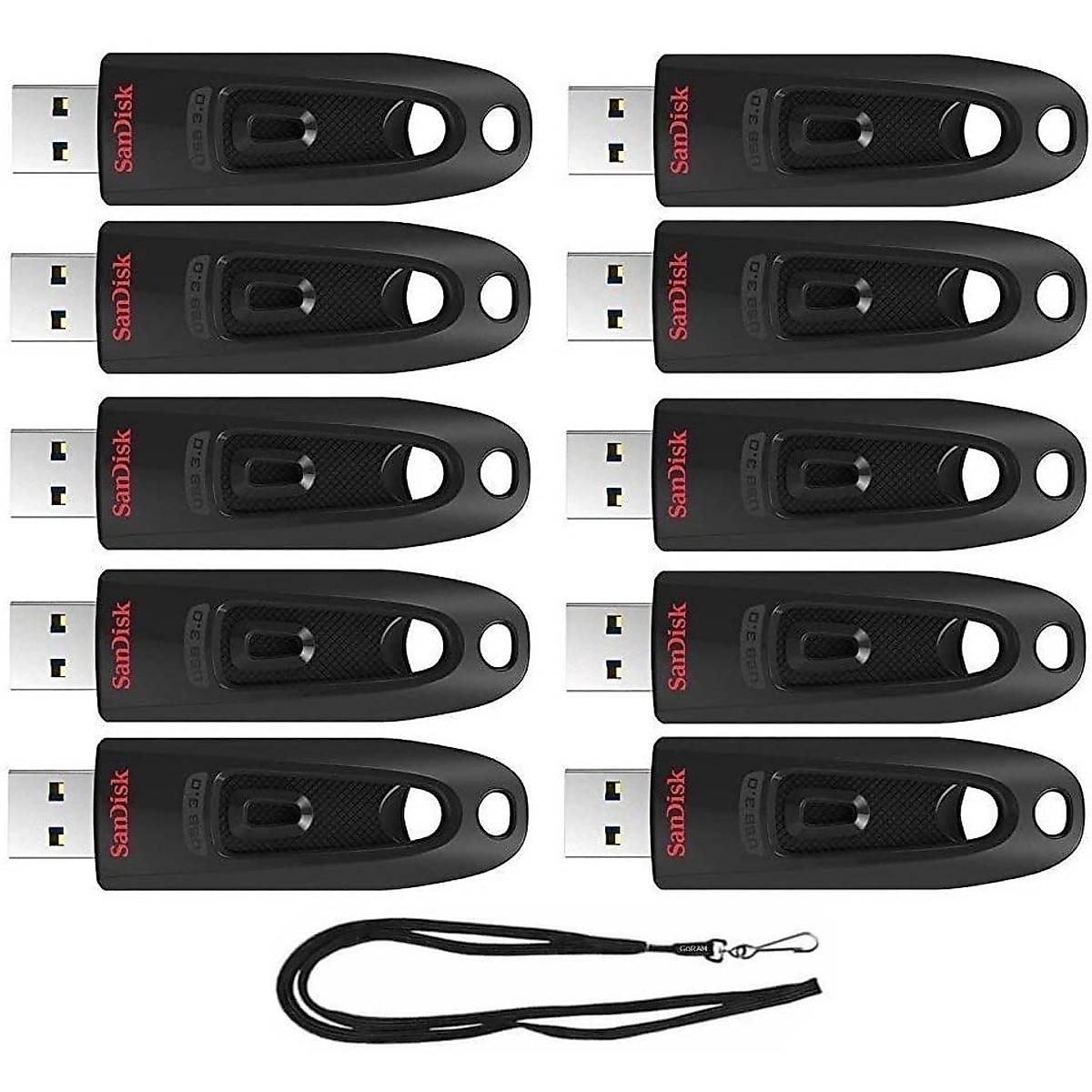SanDisk 16GB Ultra 130MB/s USB 3.0 Flash Drive SDCZ48-016G Bundle with (1) GoRAM Black Lanyard (16GB, 10 Pack)