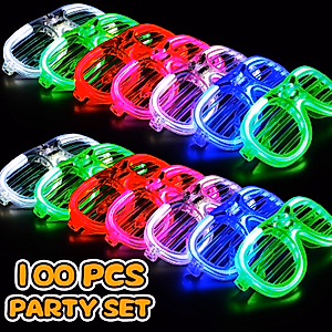 100 Pack Glow in The Dark Glasses Bulk for Kid Adult, 5 Color LED Light Up Glasses with 3 Flashing Modes, Neon Glowing Party Favor Supplies for New Years Eve Birthday Wedding Halloween Goody Bag stuff