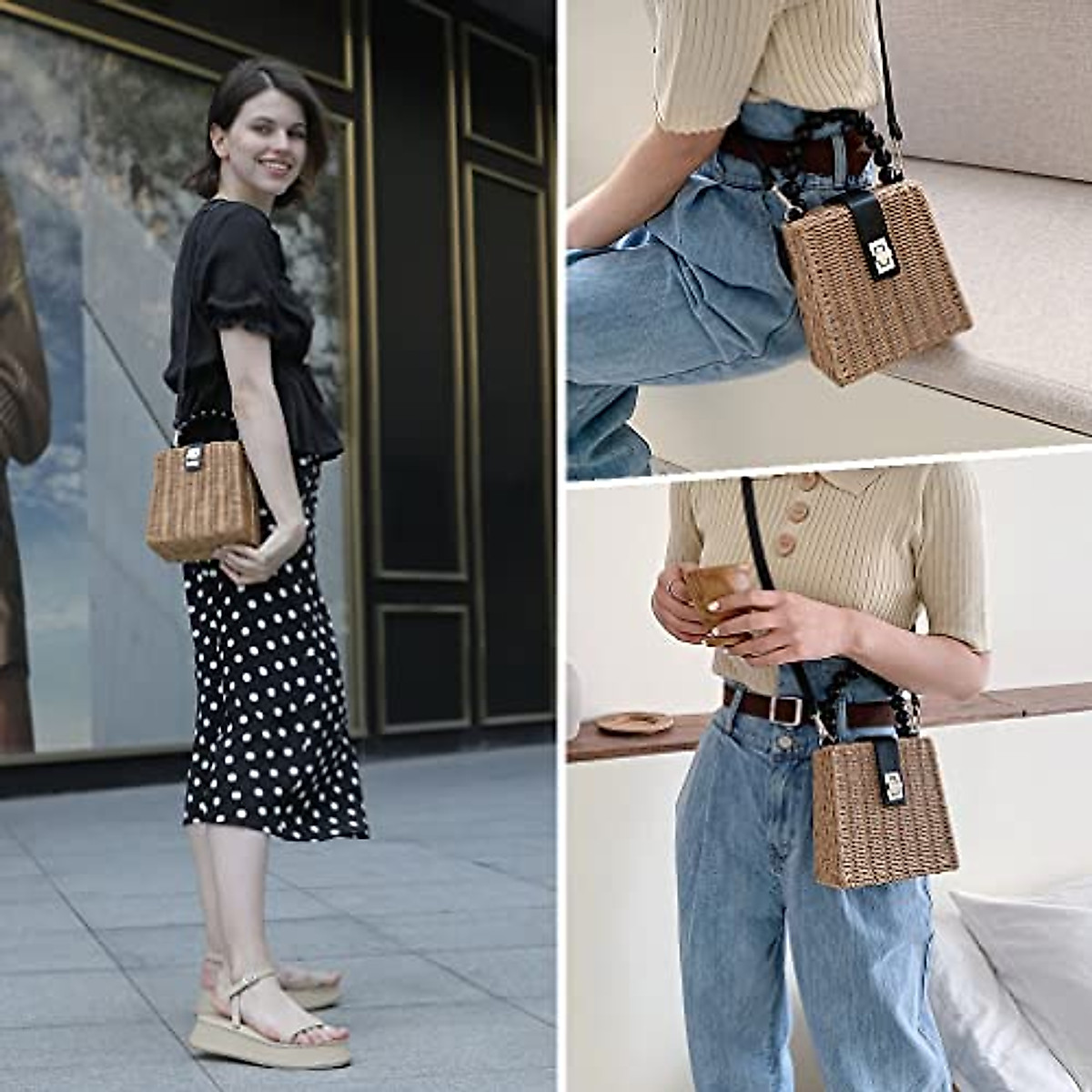 NIBD Handwoven Square Straw Rattan Bag Shoulder Wicker Purse Small Box Woven Bali Womens Crossbody Bag