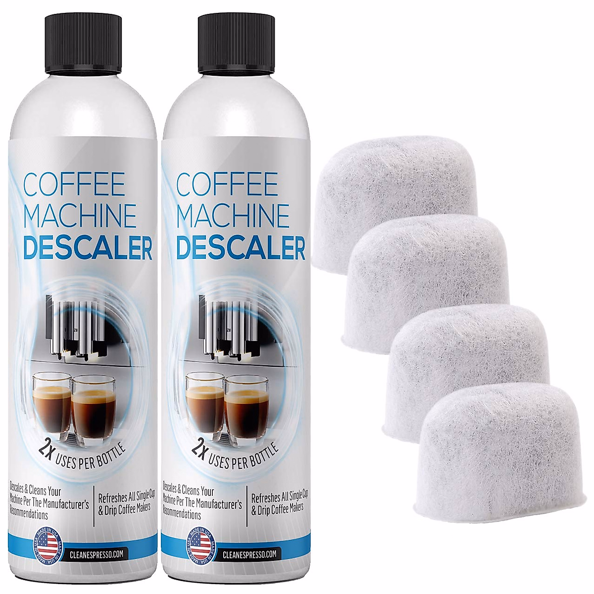 Keurig Compatible Descaling Solution (2 Bottles, 4 Uses Plus 4 Filters) - Universal Descaler Cleaner Concentrate Kit Compatible With All Keurig 1.0 & 2.0 K-Cup Pod Machines and Espresso Machines