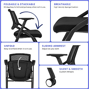 BROBRIYO, 10 Pack Stackable Conference Room Chairs with Wheels and Paddle, Ergonomic Mesh Back and Arms for Meeting, Conference, Reception, Training Room & Home Office Desk Folding Chairs, Set of 10