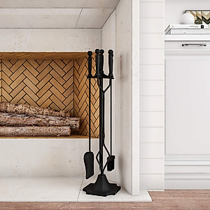 Lavish Home 5-Piece Fireplace Tools Set - Essential Heavy-Duty Accessories for Fireplaces - Includes Tongs, Shovel, Broom, Poker, and Stand