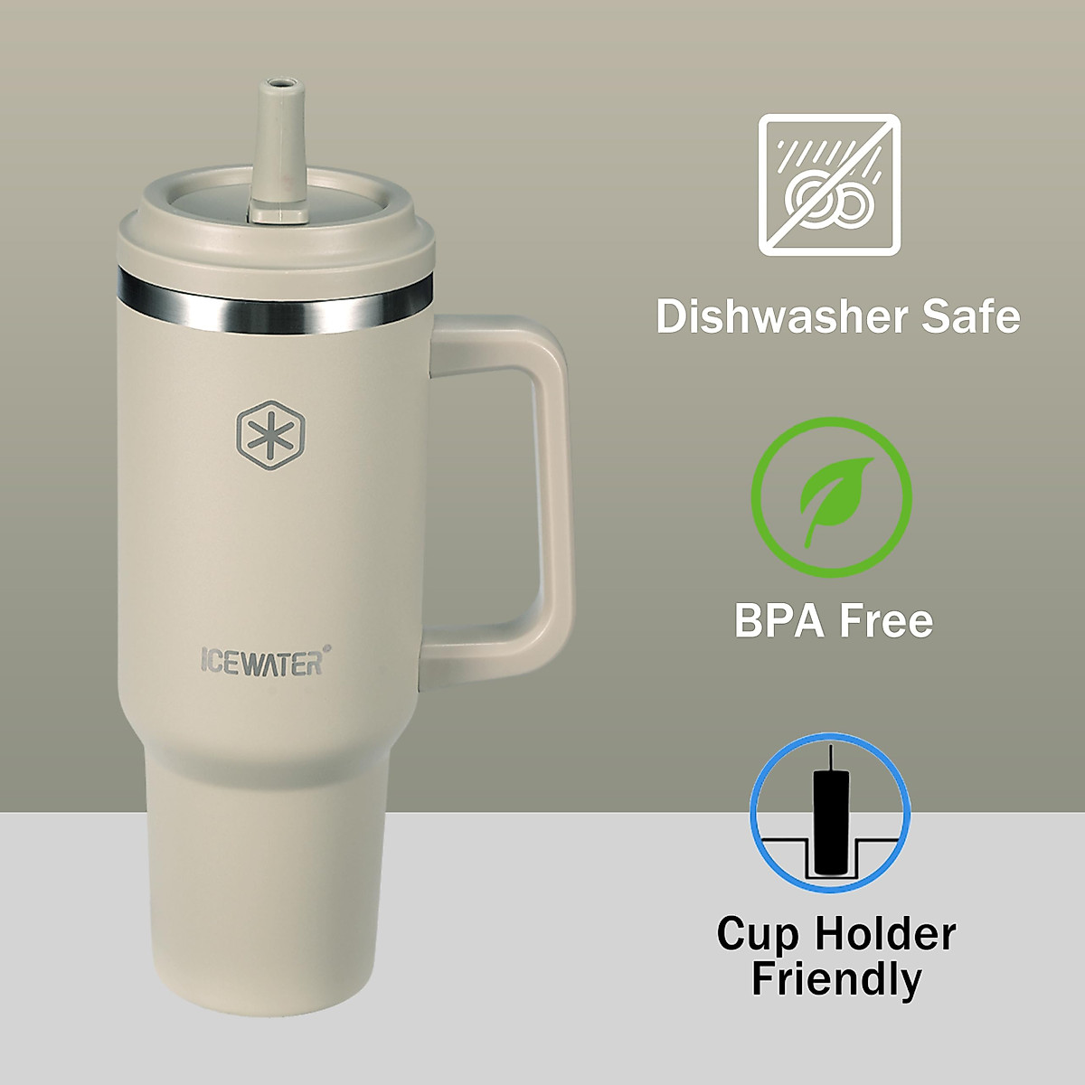 ICEWATER 40 oz Tumbler with 2 Lids (Flip & Standard Straw),100% Leak Proof Insulated Tumbler with Handle, Cup Holder Friendly, Stainless Steel Water Bottle, Gifts for Women & Men (Almond Birch)