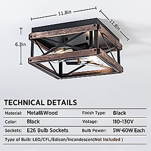Mayful Flush Mount Light Fixture, 2-Light Rustic Ceiling Light Combine with Metal and Wood Frame, Farmhouse Flush Mount Ceiling Light for Kitchen Hallway Entryway Bedroom Porch Living Room…