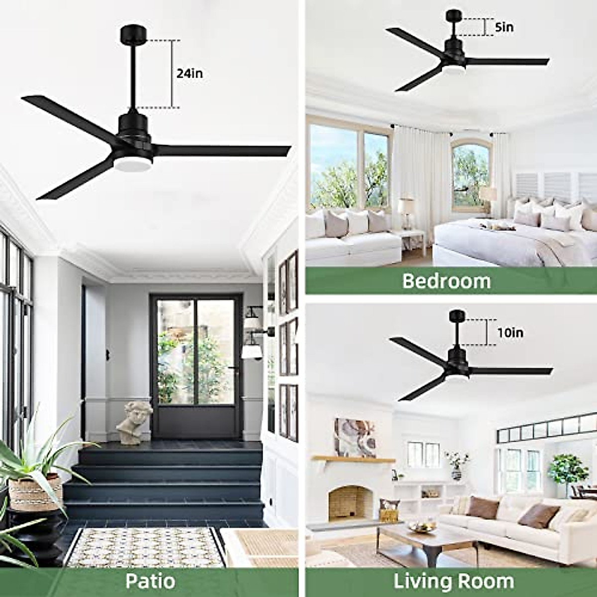 Biukis Ceiling Fans with Lights,Indoor and Outdoor Black Ceiling Fan with Remote Control, 60-inch Modern Ceiling Fans with Reversible DC Motor for Patio Bedroom Living Room