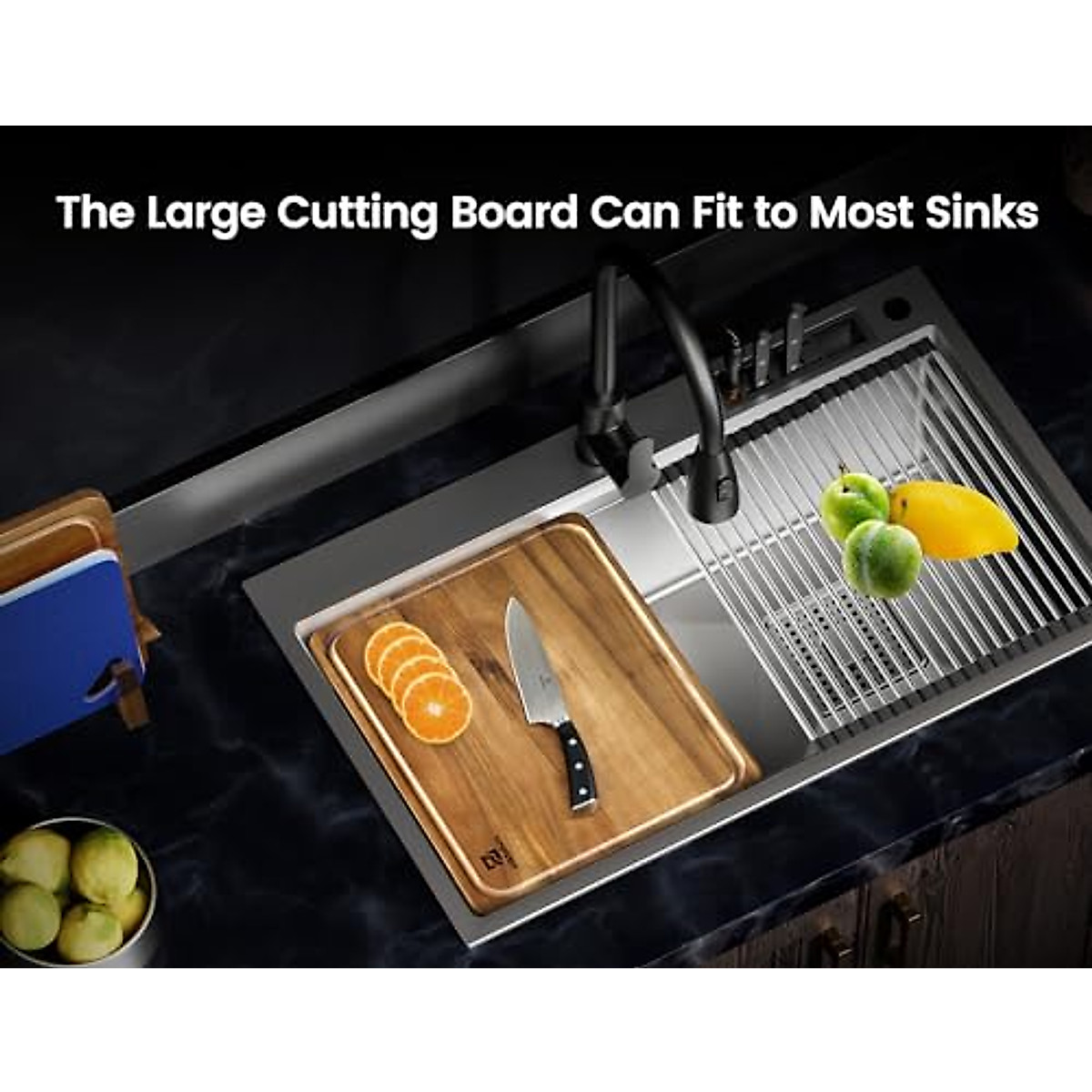 Acacia Wood Cutting Boards Large Set of 7, Charcuterie Chopping Board for Kitchen with Holder, Plastic Serving Board Mats, Juice Groove, Reversible Butcher Block for Meat Cheese Bread