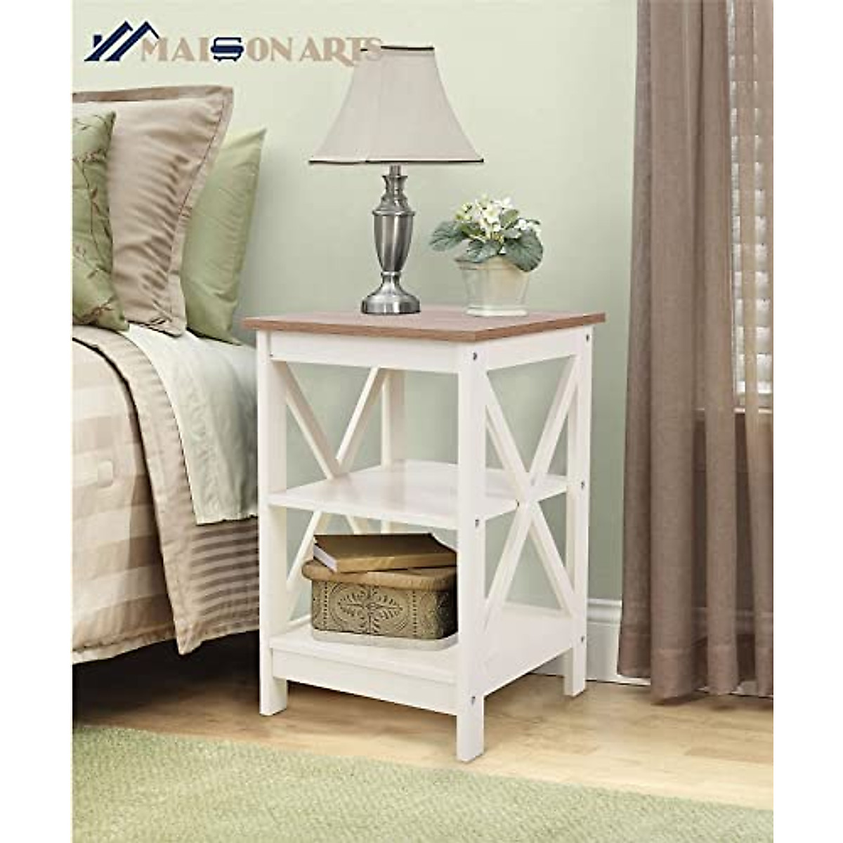 MAISON ARTS End Tables Living Room Set of 2 Farmhouse Side Tables 3-Tiers Rustic Nightstands with Storage for Bedroom, Modern Wood Look Mid Century Accent Furniture, Easy Assembly, Ivory