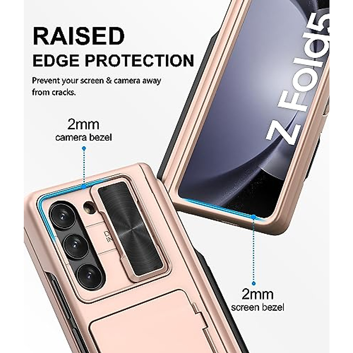 SIXBOX for Galaxy Z Fold 5 Case with Card Holder & Screen Protector & S Pen Holder & Slide Camera Cover & Hinge Protection, Shockproof Wallet Phone Case for Samsung Z Fold 5 2023, Rose Gold