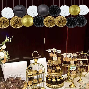 16Pcs of Tissue Paper Pom Poms Mixed Paper Lanterns Craft Kit, Suitable for Gold Theme Party Baby Shower Birthday Party Bridal Shower and Wedding Party Decoration (Black/Gold) (a)