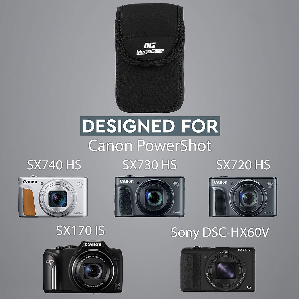 MegaGear MG037 Ultra Light Neoprene Camera Case compatible with Canon PowerShot SX740 HS, SX730 HS, SX720 HS, SX710 HS, SX700 HS, Sony Cyber-shot DSC-HX60V - Black, PU Leather