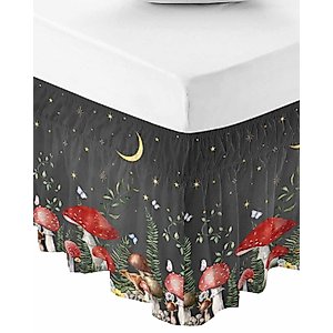 Moon Mushroom Bed Skirt Queen Size 18 Inch Drop, Adjustable & Elastic Wrap Around Bed Skirts Pleated Luxury Dust Ruffles for Twin Full Queen Cal King Base Bed, Star Eucalyptus Leaves Flower