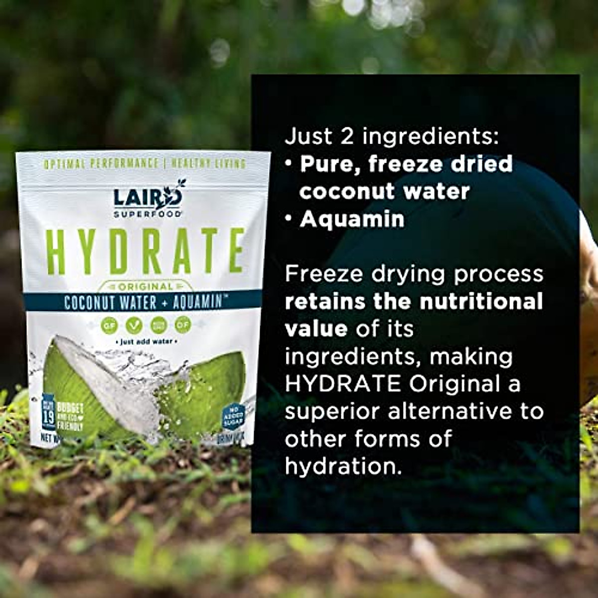 Laird Superfood HYDRATE Coconut Water Powder Drink Supplement with Coconut Water and Auqamin, All Natural, No Added Sugars, Gluten-Free, Non-GMO, Vegan, 8 oz. Bag, Pack of 1