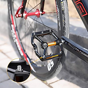 CXWXC Road/MTB Bike Pedals - Aluminum Alloy Bicycle Pedals - Mountain Bike Pedal with Removable Anti-Skid Nails (Black-Orange)