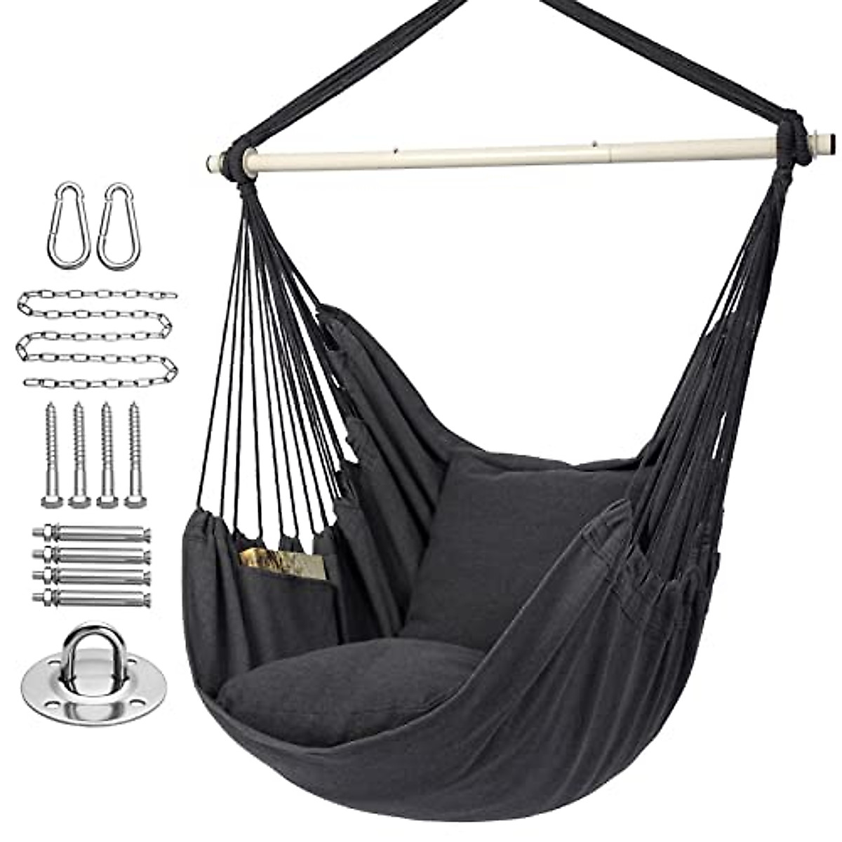 Y- Stop Hammock Chair Hanging Rope Swing, Max 500 Lbs, 2 Seat Cushions Included, Quality Cotton Weave for Superior Comfort, Durability with Hardware kit (Dark Grey)