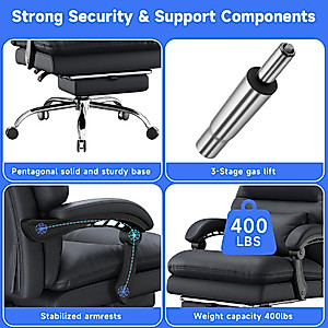 Ylzyxal Office Chair, Big and Tall Office Desk Chair, Ergonomic Office Chair, 400LBS PU Leather Computer Chairs, Executive Office Chair with Foot Rest and Lumbar Pillow, Home Office Chair (Black)
