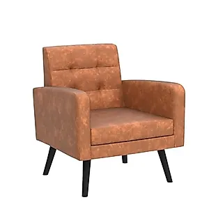 Yaheetech Mid-Century Accent Chairs, PU Leather Modern Upholstered Living Room Chair, Cozy Armchair Button Tufted Back and Wood Legs for Bedroom/Office/Cafe, Retro Brown 2 PCS