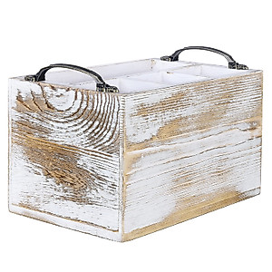 MyGift Vintage White Wood Dining Utensil Caddy and Napkin Holder - 4 Compartment Flatware Serving Storage Organizer with Antique Style Metal Handles