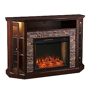SEI Furniture Redden Faux Stone Convertible Alexa-Enabled Electric Media Storage Corner Fireplace, Espresso