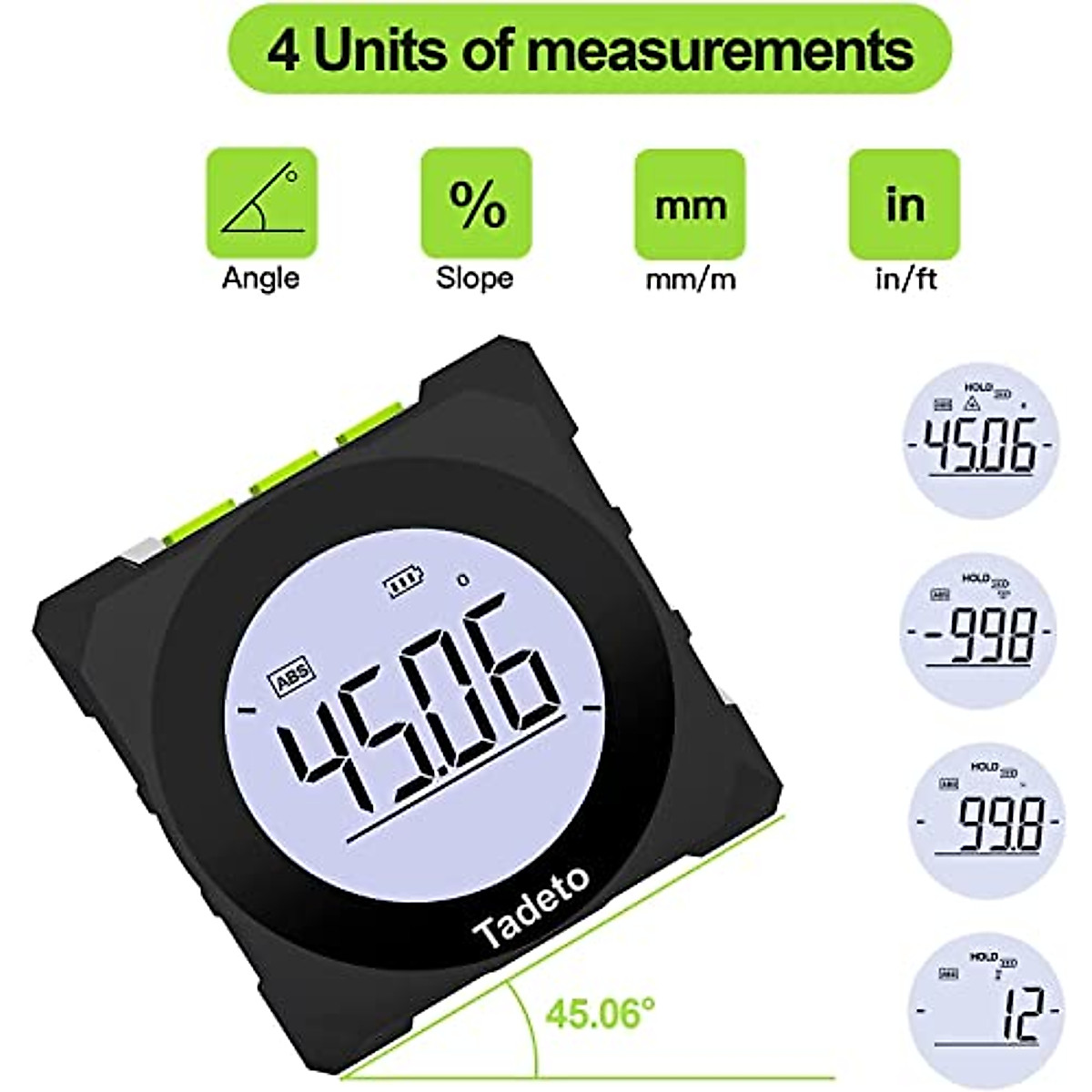 Digital Angle Finder, Tadeto Digital Level Inclinometer Protractor Laser Level 3 in 1 Magnetic IP54 Waterproof Angle Gauge with Large LCD Screen Backlight Type-C Fast Charging