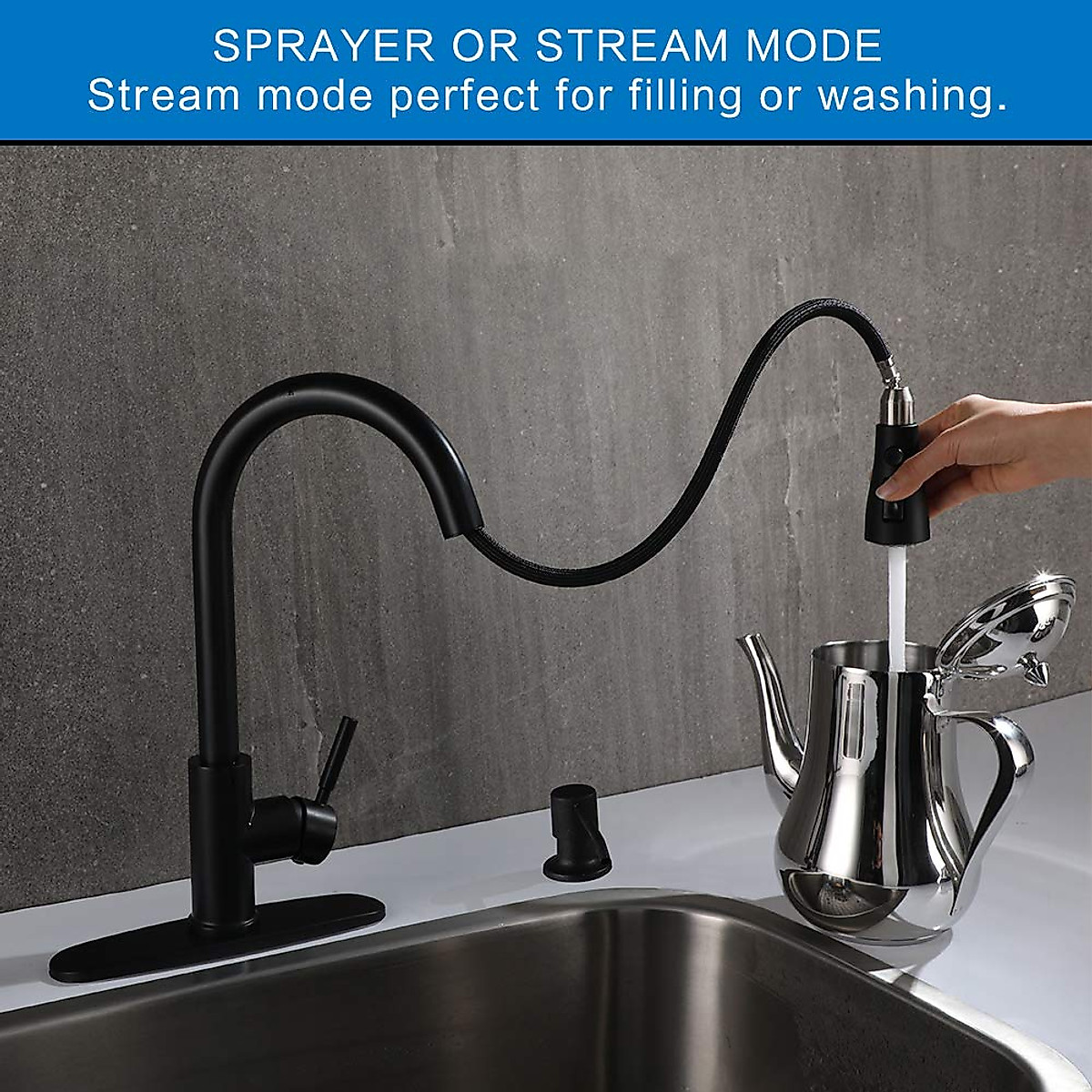 Arofa Matte Black Kitchen Faucet, Kitchen Sink Faucet with Pull Down Sprayer Single Handle Stainless Steel Commercial Modern for 1 or 3 Hole Farmhouse Camper Laundry Utility Rv Bar Sinks