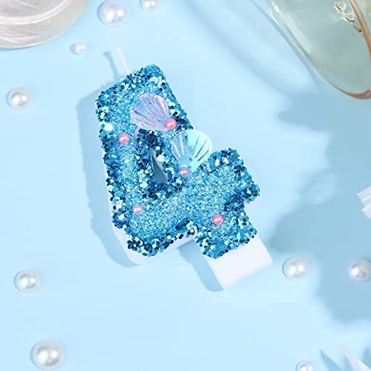 3 Inch Birthday Number Candle, Blue Shell Sequins Number Candles Glitter Number Candle Cake Numeral Candles Cake Topper for Birthday Anniversary Mermaid Themed Party (4)