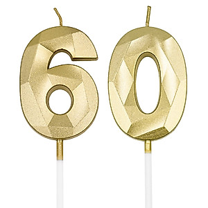 60th Birthday Candles for Cake, Gold Number 60 3D Diamond Shaped Candle Birthday Decorations Party Supplies for Women or Men