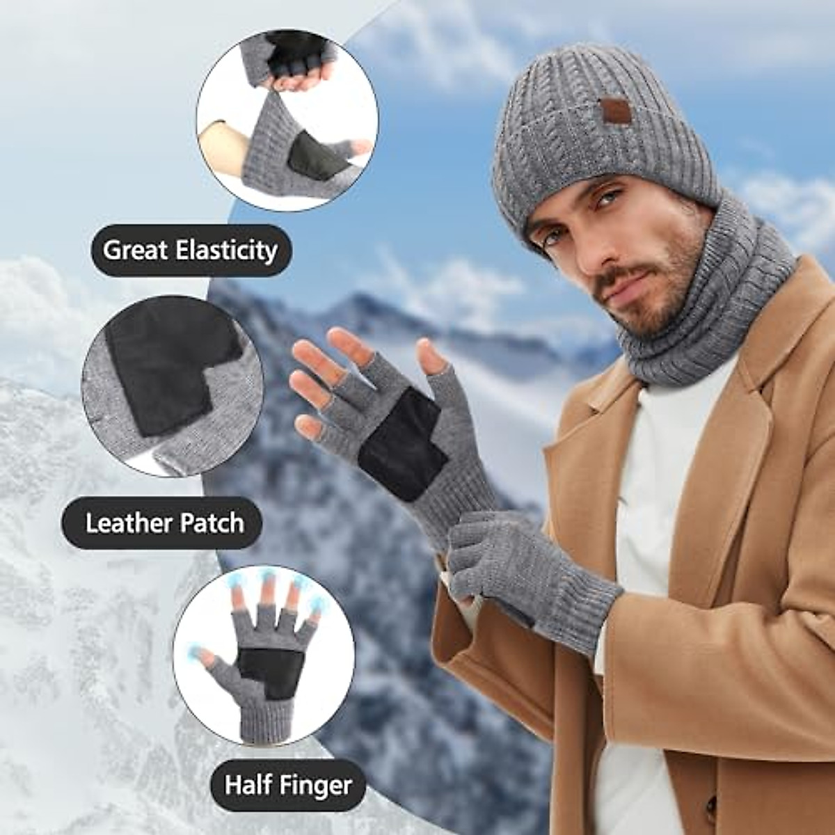 MAYLISACC 2 Pair Half Finger Knit Gloves without Finger Tips Winter, Warm Fingerless Gloves for Typing Stretchy Knit Grey