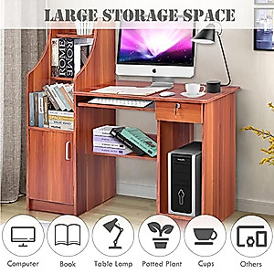 Tangkula Computer Desk with Storage Cabinet & Drawer, Wood Frame Home Office Desk with Pull-Out Keyboard Tray, Computer Workstation with Hutch Storage Bookshelf & CPU Compartment, Study Writing Table