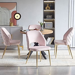 NORDICANA Modern Dining Chair Set of 4, Pink Velvet Fabric Upholstered Accent Chairs with Golden Metal Legs, Round Back Side Chairs for Kitchen Living Room Bedroom