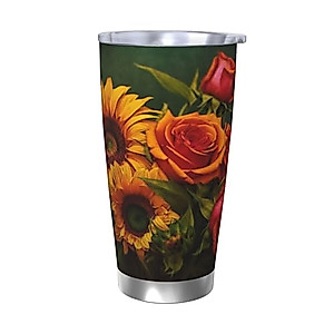 EKPRAVDKTF Sunflower And Rose 20oz Insulated Stainless Steel Tumbler With Lids And Straws, Double Wall Vacuum Travel Coffee Mug, Thermal Cup For Cold & Hot Drinks, Reusable Metal Straw & Brush