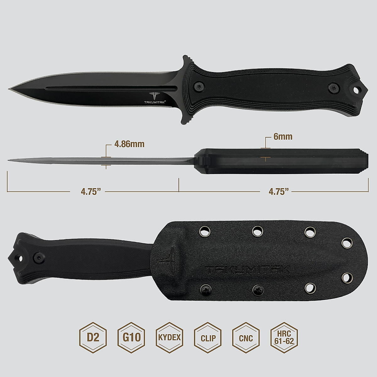 Tactical Knife Hunting Knife Survival Knife D2 Spear Point Blade G10 Handle Kydex Sheath Molle Clip Fixed Blade Knives Camping Accessories Camping Gear Survival Kit Survival Gear And Equipment Tactical Gear Hunting Gear EDC Knife EDC Gear 82460 (Black TKF