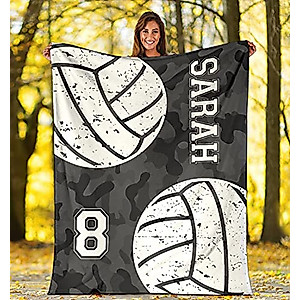 Custom Gift for Black Camo Pattern Volleyball Ball Personalized Name Number Premium Quality Sherpa Fleece Throw Blanket 3D Printed Warm Fluffy Cozy Soft Tv Bed Couch Comfy Microfiber Velvet Plush